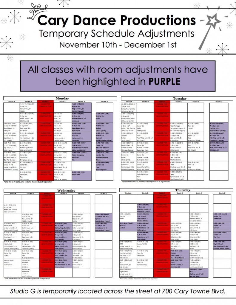 CDP Schedule Change Poster – Studio G (phase 1) – Cary Dance Productions