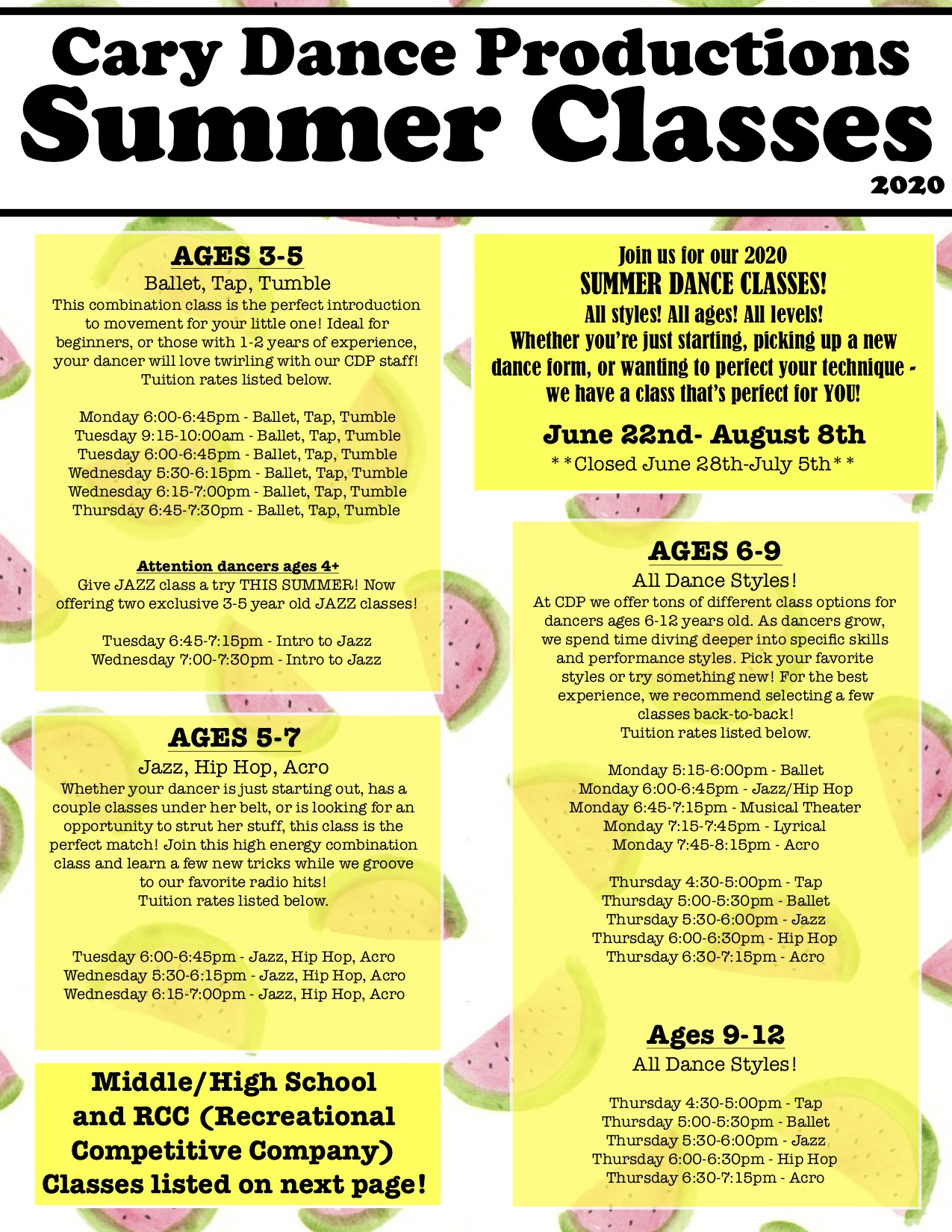 Summer Class Flyer 2020 – page 1 – Cary Dance Productions